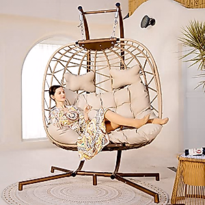 BULEXYARD Outdoor Double Swing Egg Chair with Stand for Bedroom, Indoor 2 Person Hanging Chair Foldable Twins Patio Chair, Large Hand-Woven Wicker Garden Loveseat Hammock Chair w/Cream Thick Cushion
