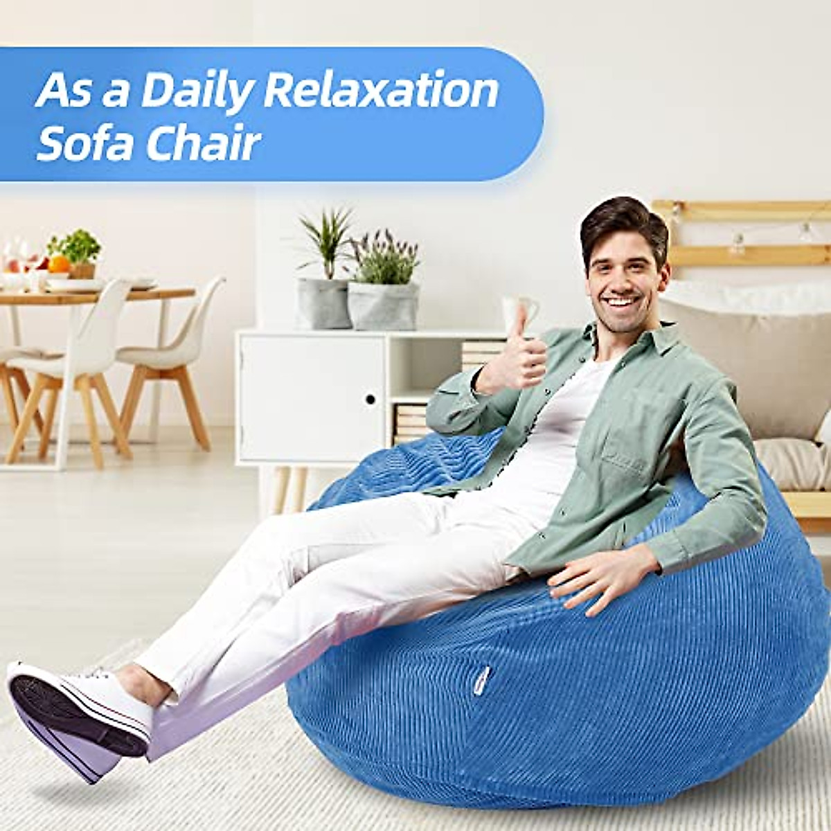Homguava Bean Bag Chair: Teardrop Bean Bags with Memory Foam Filled, Compact Beanbag Chairs Soft Sofa with Corduroy Cover (Blue)