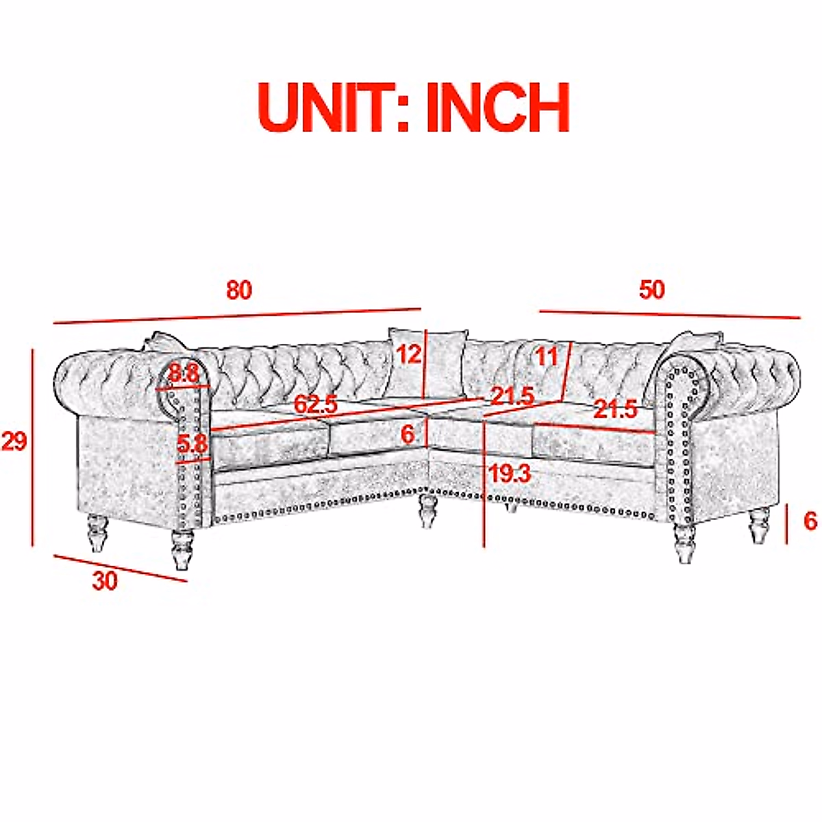 ERYE 80" Symmetrical Sectional Sofa,Button Tufted Velvet Upholstered Modular Sofa & Couch,Luxury Roll Arm Classic Chesterfield Couch,Nail Head Decor L-Shaped Corner Sofá with 3 Pillows, Blue