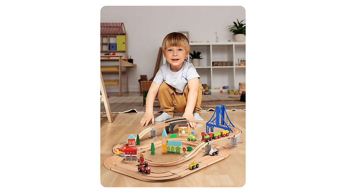 SainSmart Jr. 60-Piece Wooden Train Set for Toddlers
