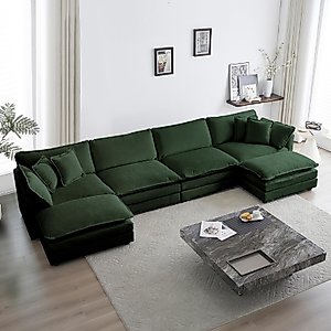 KIVENJAJA Oversized U-Shaped Modular Sectional Sofa, Modern Chenille 4-Seater Deep Seat Cloud Couch with 2 Ottomans/Chaises & 6 Pillows for Living Room Office, 146.5”W, Green