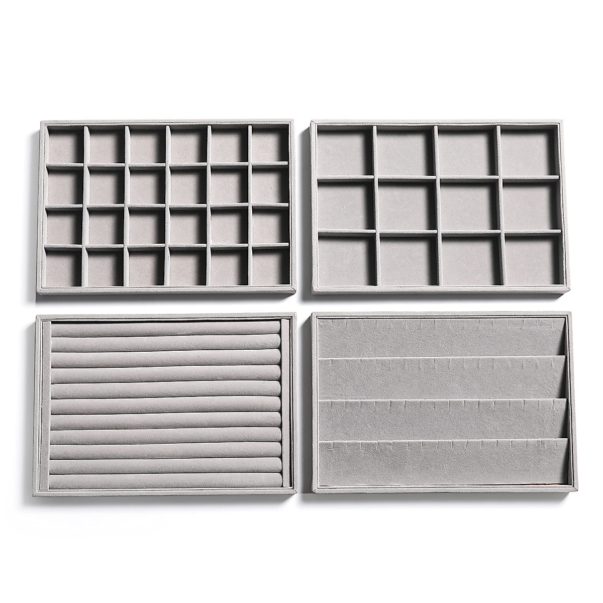 Frebeauty Stackable Velvet Jewelry Organizer Trays for Drawers Inserts Jewelry Storage Tray Display Case Earrings Bracelets Necklace Rings Accessories Trays for Women(Set of 4)(Grey).