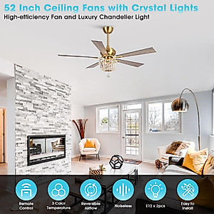 Gold Ceiling Fans with Lights and Remote, 52 Inch Ceiling Fan for Bedroom Living Room, Crystal Chandelier Outdoor Ceiling Fans with LED Light, Reversible 5 Blades, Ventilador de Techo con Luz