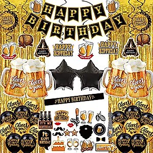 happy birthday decorations for men women - (61pcs) black and gold party decorations Banner, Sign Latex Balloon,Fringe Curtains and cheers to you Foil Balloons,Hanging Swirl,photo props,birthday sash