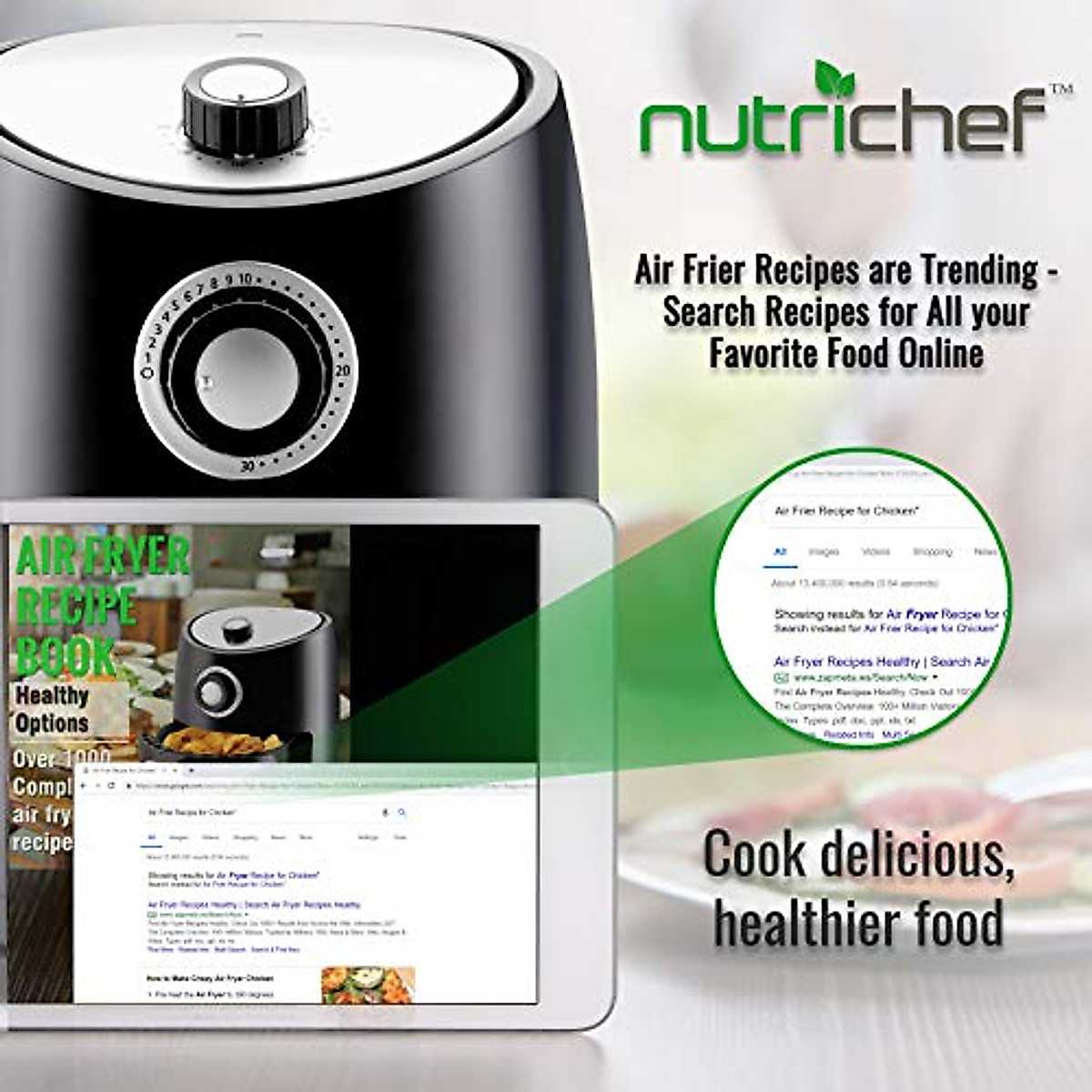 NutriChef Oven 2 Quart-1000w Power Oilless Dry Machine Large Capacity Family Size Air Fryer Removable Deep Non-Stick Teflon Fry Basket, Roasting Plate PKAIR, avarage, Black