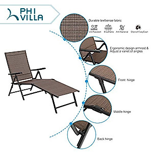 PHI VILLA 5 Stages Adjustable Patio Folding Lounge Chair Metal Outdoor Sling Fabric Recliner Chaise for Beach Yard Pool, 2 Pack,Brown