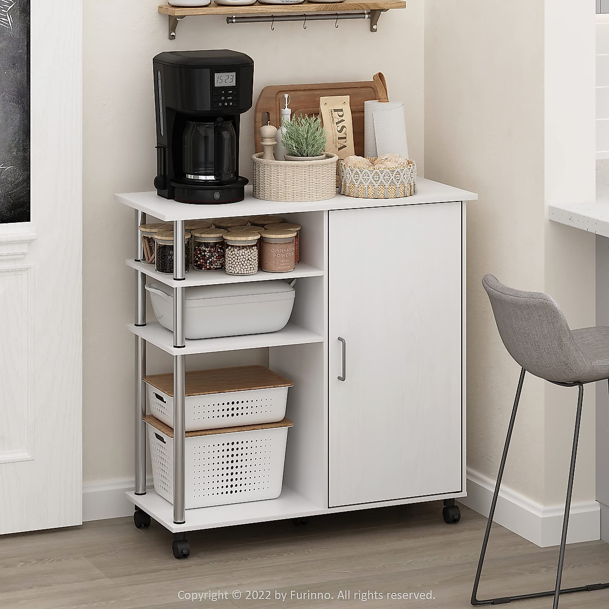 Furinno Helena Utility Kitchen Island and Storage Cart on Wheels, 4-Tier, Stainless Steel Tubes, White Oak/Chrome