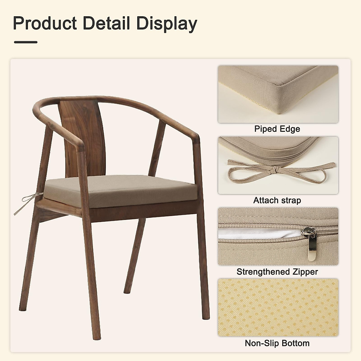 VSIWB Outdoor Chair Cushions Set of 2, Waterproof Cushions for Patio Furniture with Adjustable Straps, Round Corner Patio Chair Cushions for Yard Garden, 17"x16"x2", Beige