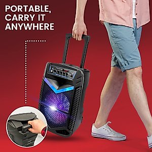 Pyle Portable Bluetooth PA Speaker System - 600W Rechargeable Outdoor Bluetooth Speaker Portable PA System w/ 10” Subwoofer 1” Tweeter, Recording Function, Mic In Party Lights USB/SD Radio