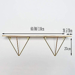 PIBM Stylish Simplicity Shelf Wall Mounted Floating Rack Shelves Iron Art Metal Solid Wood Storage Display Stand Triangle Bracket Living Room Restaurant,4 Sizes, Gold , C119x20.5x20cm