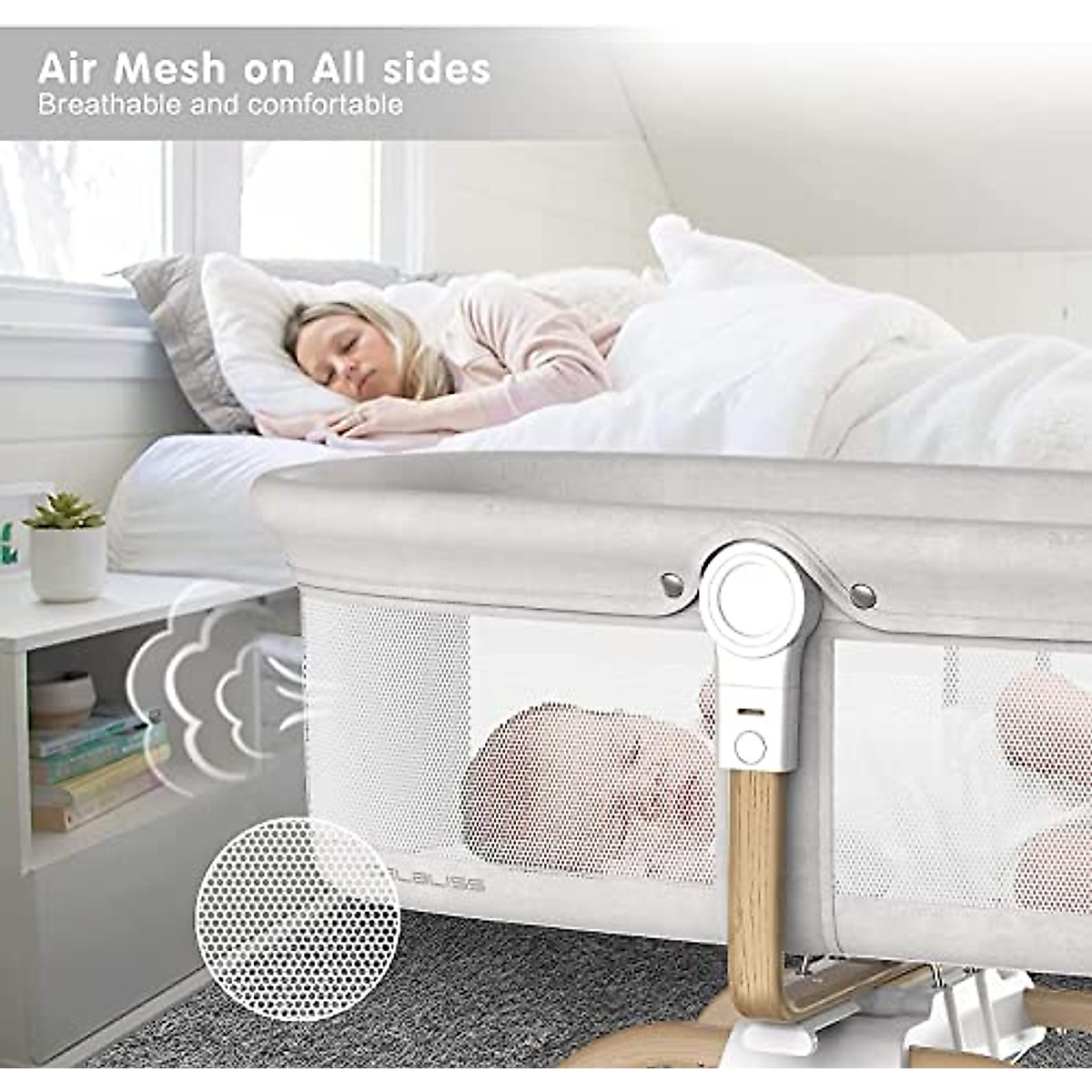 ANGELBLISS 3 in 1 Rocking Bassinet & Baby Bassinet Bedside Crib, One-Second Convert Travel Portable Bassinet Newborn Baby (White)