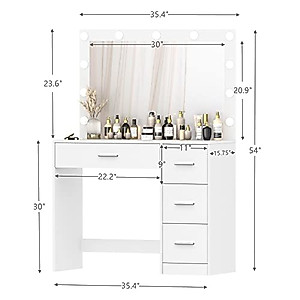 Irontar Makeup Vanity Table, Makeup Table with Large Mirror and 11 LED Lights, Brightness Adjustable, Dressing Table Desk with 4 Drawers, Bedroom Vanity Desk for Girls, Women, White WDT002W