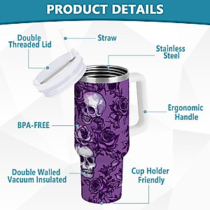 40 oz Car Tumbler Cup with Handle and Straw Lid for Water,Iced Tea or Coffee Purple Rose Skull Travel Mug Home Work Office Stainless Steel Water Bottle