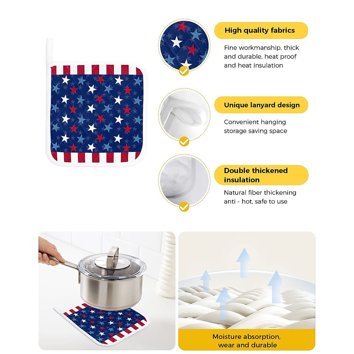 Memorial Day 2 Pack Pot Holders Heat Insulation Hot Pads, USA Patriotic Star Washable Oven Pot Holder Set for Kitchen Blue Red White Stars Potholders for Baking Cooking Dining Table