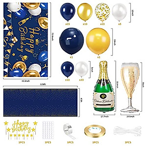MOVINPE Navy Blue Gold Birthday Party Decorations, Birthday Photography Backdrop Banner Party Tablecloth Confetti Balloons Arch Garland Cake Topper for Bday Party Supplies Deocr