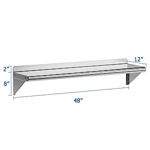 RIEDHOFF Stainless Steel Shelf 12" x 48", 220 lb [NSF Certified] Commercial Metal Wall Mount Shelf with Backplash for Restaurant, Laundry Room, Kitchen and Garage