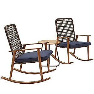 PatioFestival Patio Bistro Set Wood Grain Finish Outdoor Rocking Chairs with Coffee Table All Weather Frame Conversation Set (3Pcs, Blue)