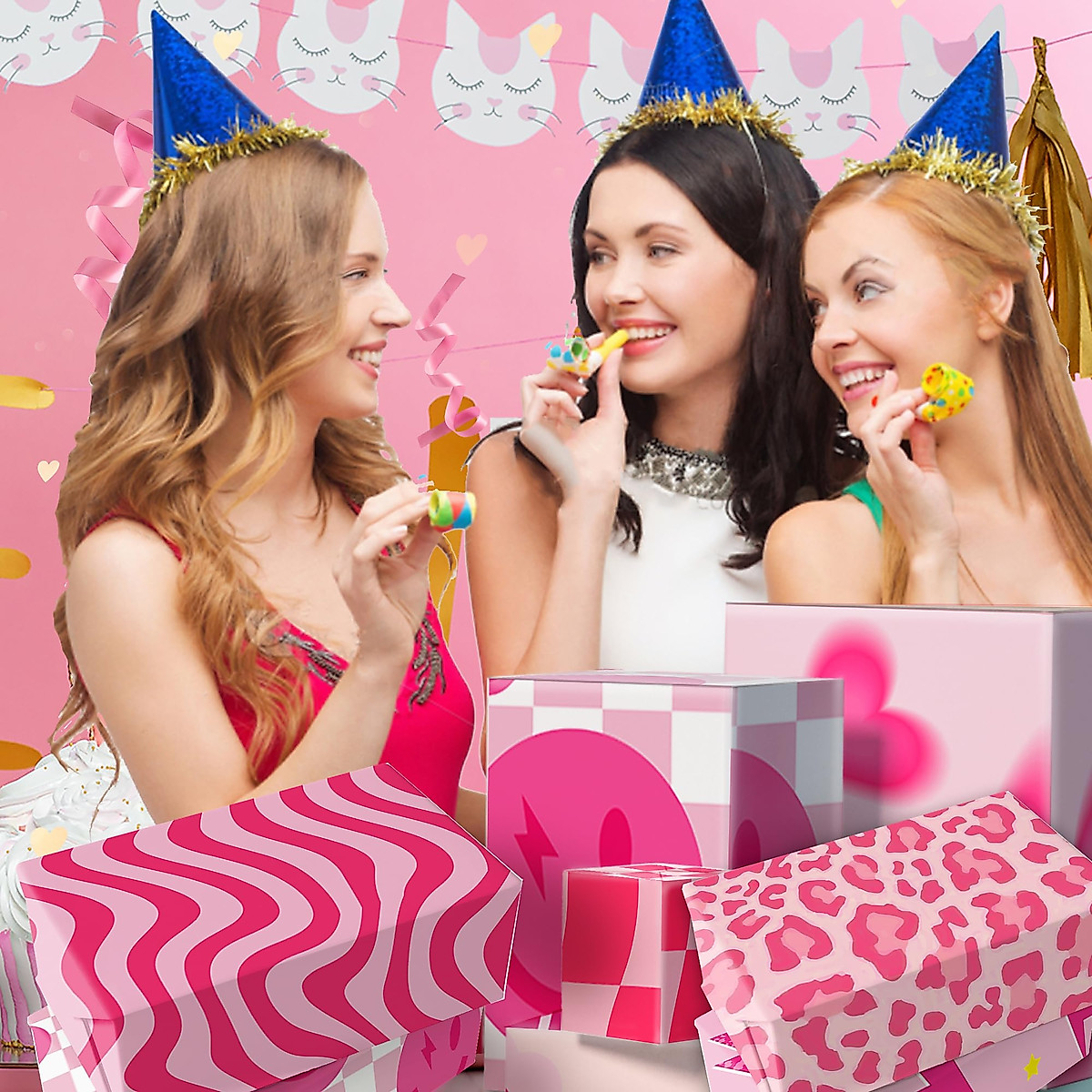 Lide Road Preppy Wrapping Paper Set, 12 Sheets Preppy Pink Smile Face Gift Wrapping Paper Pig Birthday Party Supplies for Preppy Y2k Female Bachelorette Party Decorations 20'' x 27''