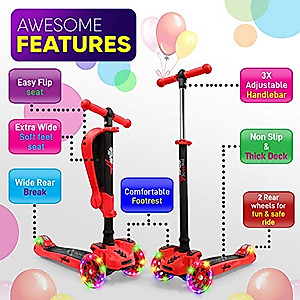 Hurtle Kids Scooter - Child Toddler Kick Scooter Toy with Foldable Seat - 3 Wheel Scooter with Adjustable Height, Anti-Slip Deck, Flashing Wheel Lights, for Boys/Girls 1-12 Year Old, Red