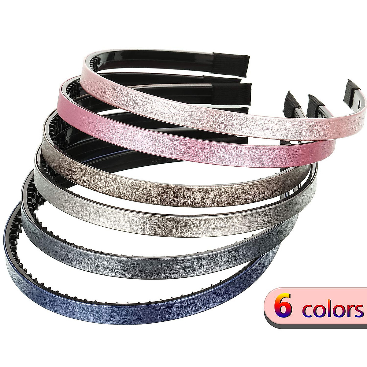 WILLBOND 6 Pieces Skinny Leather Covered Headband Plastic Skinny Headband Hair Loop Clasp Hairbands Solid Simple Headband for Women(1.1 cm,Lustrous Pink, Rose Red, Blue, Gold, Silver and Grey)
