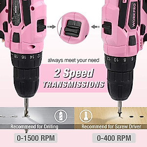 WORKPRO Pink Cordless Drill Driver Set, 12V Electric Screwdriver Driver Tool Kit, 3/8" Keyless Chuck, Charger and Storage Bag Included - Pink Ribbon