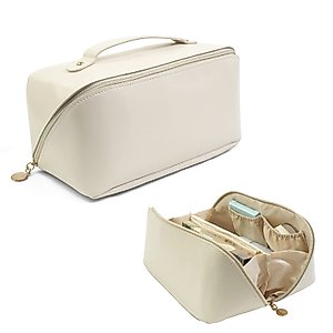 S-SNAIL-OO Upgrade Large-capacity Travel Cosmetic Bag, Women Pu Leather Waterproof Portable Cosmetic Bag with Handle, Storage Bag for Place Skin Care Products, Jewelry, Sundries. (White)