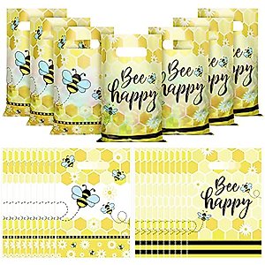 100 Pieces Bee Party Gift Bags Yellow Honey Bee Treat Bags with Handles Honey Bumble Bee Pattern Goodie Bags Plastic Candy Gift Bags for Bee Baby Shower Gender Reveal Birthday Party
