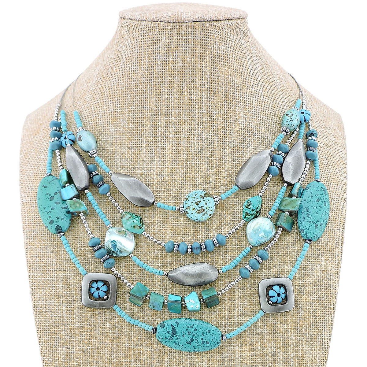 Coiris 5 Layers Shell Acrylic Beads Illusion Statement Bib Necklace for Women (N0016)
