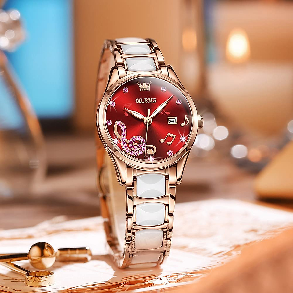 OLEVS Women's Watch Bracelet Designer Fashion Watch Ceramic Note Rose Gold Luxury 3ATM Date Waterproof Luminous Wine Red Dial Valentine's Day Present Quartz