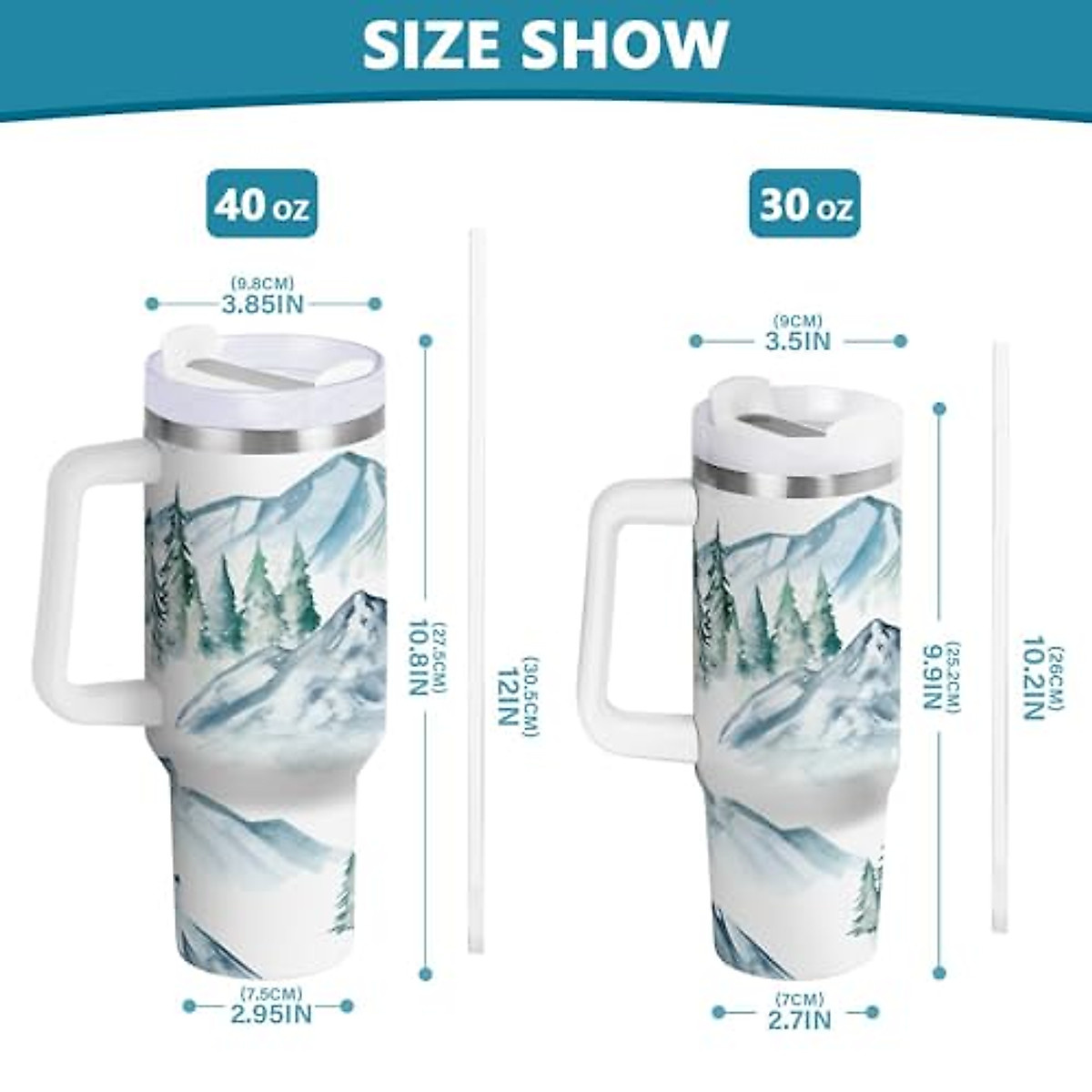 RPLIFE Soft Watercolor Mountains Pastel Green 40 Oz Tumbler with Handle, Stainless Steel Tumbler with Straw, Tea Tumbler