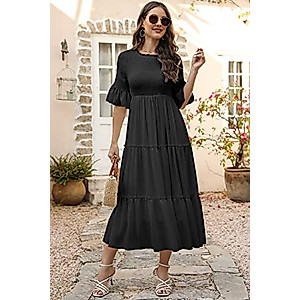 LILLUSORY Women's Black Funeral Dress 2023 Summer Trendy Casual Smocked Long Ruffle Tiered Flowy Midi Maxi Boho Dresses with Sleeves Black