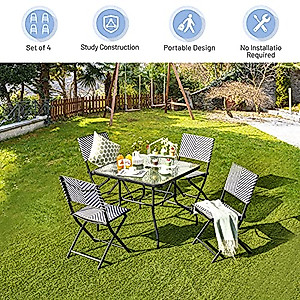 Tangkula 4-Piece Patio Dining Chairs, Outdoor PE Wicker Folding Chairs with Rustproof Frame, Potable Bistro Chairs for Backyard, Garden (4, Navy Blue + White)