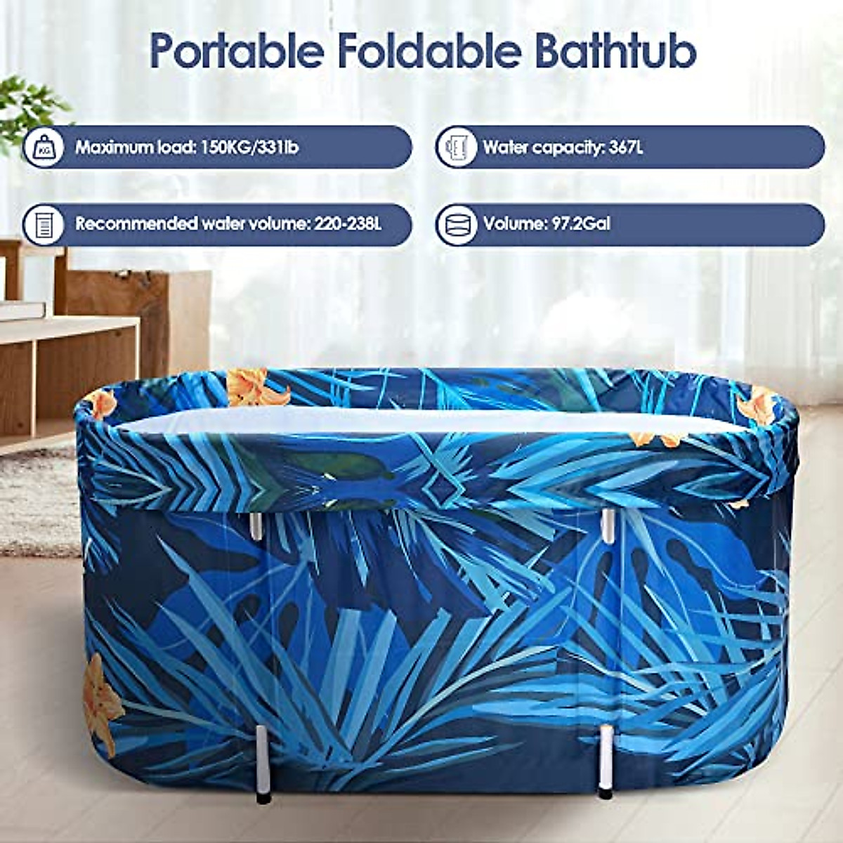 AellerSen Portable Bathtubs, Foldable Soaking Bathing Tub for Adults, Oval Bathtubs for Showers, with Thick Insulation Foam to Keep The Temperature (Blue)