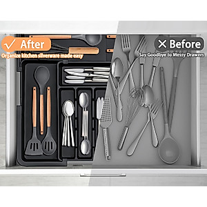 Spaclear Silverware Organizer Expandable Kitchen Utensil Drawer Organizer Large BPA Free Adjustable Cutlery Silverware Tray for Spoons Forks Knives Storage Divider for Kitchen Flatware 6-9 Slots Black