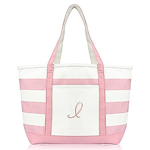 DALIX Striped Beach Bag Tote Bags Satchel Personalized Pink Ballent Letter I