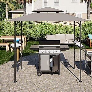 8x5 Ft Grill Gazebo, Double Tiered Outdoor BBQ Gazebo w/Hook & Bar, Bottle Opener, Barbecue Grill Gazebo Shelter for Patio, Garden, Beach, Backyard (Gray + Iron)