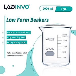 LABINVO Low Form Graduated Glass Beaker, Vol.2000ml/2l Beakers, 3.3 Borosilicate Glass Beaker Set, IN-BKL2000