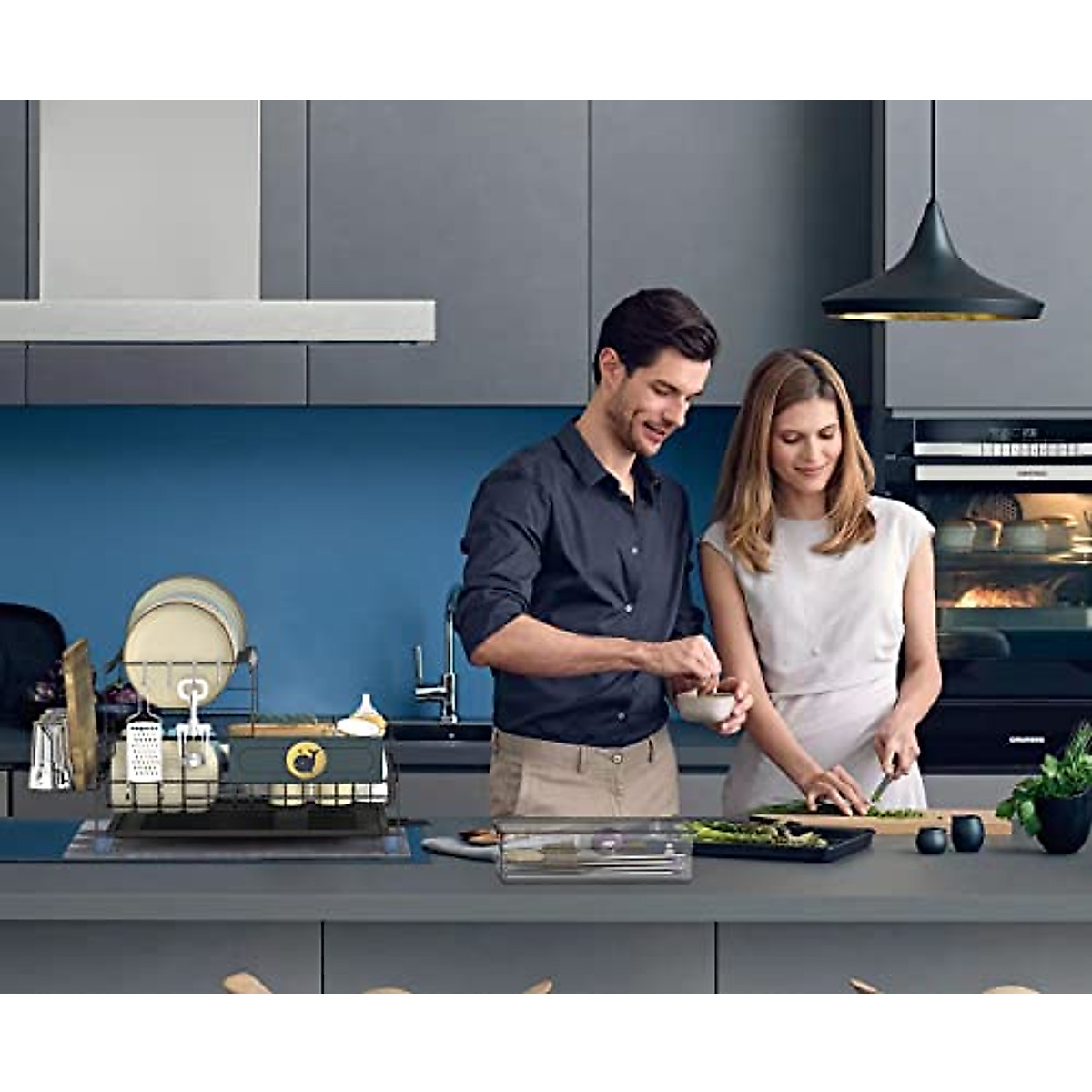 slhsy Removable Design 2 Tier Dish Drying Rack/Strainers with Drainboard, Swivel Spout, Cup & Utensil Holder and Drying Mat for Kitchen Counter, Black