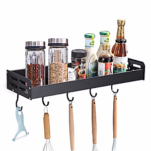 Hanging Pot Rack, Wall Mounted Pan Holder with 6 Hooks, Heavy Duty Dish Rack Cookware Organizer, Kitchen Storage Shelf for Utensils