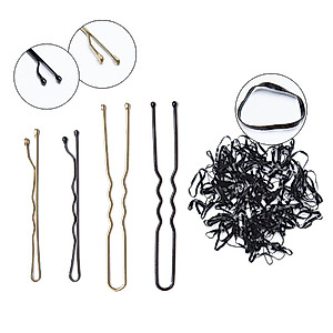 300 Pcs Hair Pins Kit, Including 100 Pcs Bobby Pins, 100 Pcs U Hair Pins, 100 Pcs Black Rubber Hair Bands, Hair Pins for Kids Girls and Women, Made of Metal, Not Easy to Fade, Which is Durable to be
