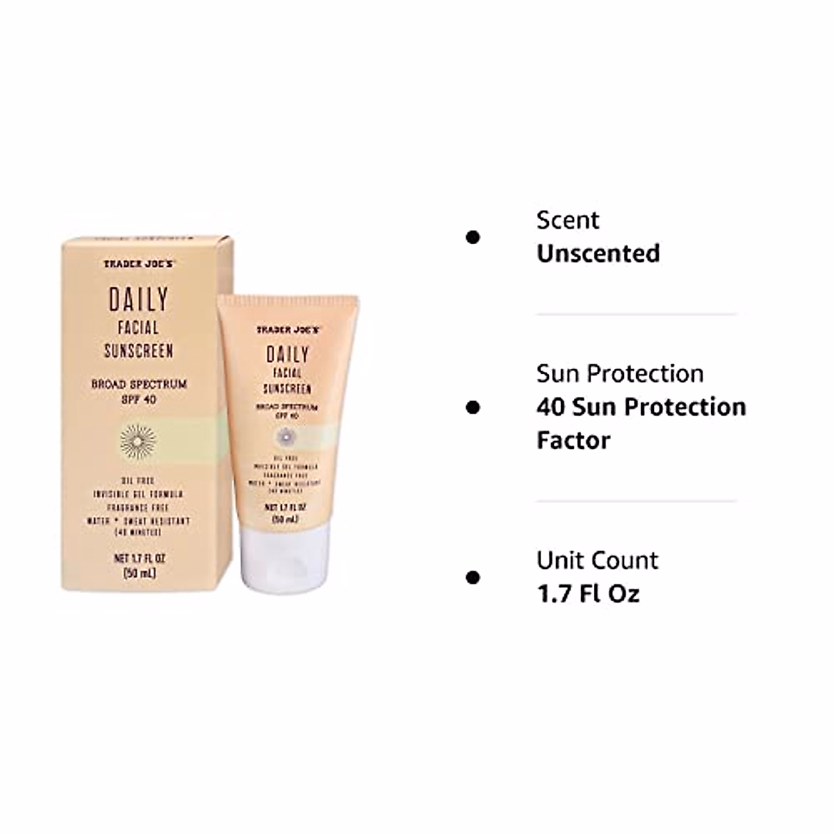 Trader Joe’s Daily Facial Sunscreen Broad Spectrum SPF 40 Oil Free Invisible Gel Formula Fragrance Free Water Sweat Resistant ''Supergoop Dupe'', 1.70 Fl Oz (Pack of 1)