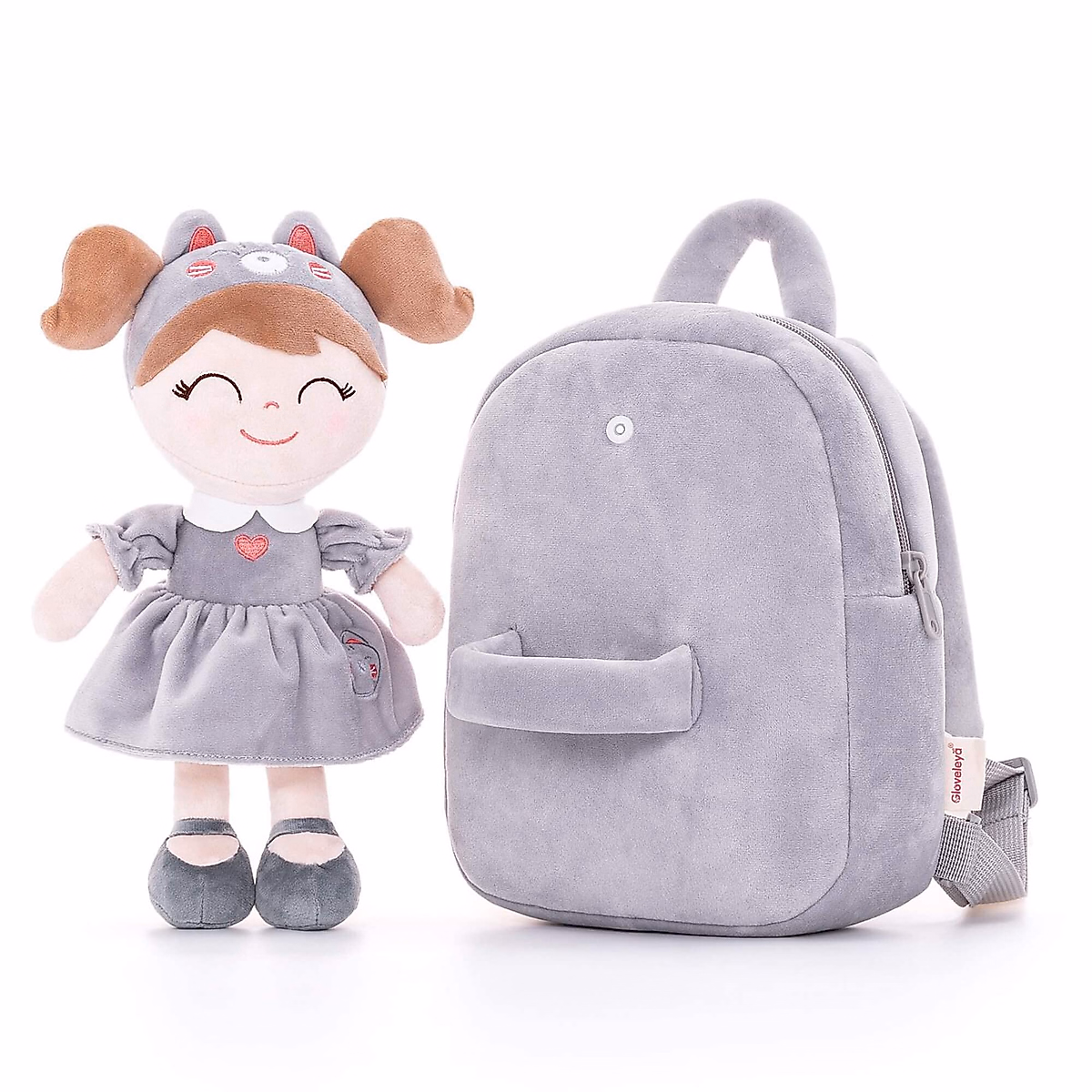 Gloveleya Cat Backpack Toddler Backpack Soft Plush Backpack with Plush Doll Gray