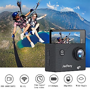 Jadfezy WiFi Action Camera Ultra HD 1080P, 12MP Sports Camera Wide-Angle 2" LCD Screen, 30m/98ft Underwater Waterproof Camera with 2 Batteries and Accessories Kit for Helmet and Bicycle etc.