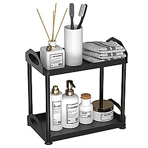 Black 2-Tier Bathroom Countertop Organizer for Skincare, Cosmetic, Perfume, and Toiletries - Vanity Tray with Non-Slip Foot Pads for Kitchen Spice Storage Shelf