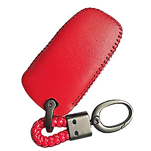 Hand Sewing Red Leather Key Cover Fob Case Protector Jacket Remote Bag For 2017 Ford Fusion F250 F350 F450 F550 Edge 2018 2019 2020 Explorer Expedition 2021 Lincoln Nautilus 5 Buttons Smart Key