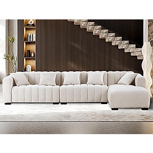 KEVINSPACE 139" Modern Large Velvet Fabric Sectional Sofa, L-Shape Couch 5-Seat Couch with 5 Same Color Pillows, Extra Wide Chaise Lounge for Living Room, Apartment, Office,Beige Right Facing