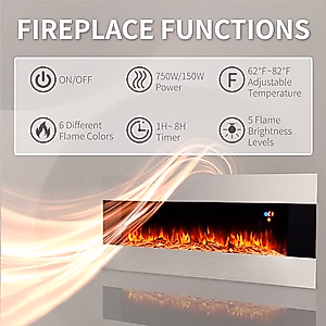 AMERLIFE 50" Wall Mount Electric Fireplace with Remote Control, Floating Fireplace Heater with Adjustable Flame Colors & Heater, Top-Vent, Low Noise, 750W/1500W, Stainless Steel Frame, Black