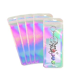 200 Counts Holographic Smell Proof Storage Bags with Thank You Cards,100Pcs Resealable Zipper Pouch Keychains Bag 3.3x6.3inch 100Pcs with Thank You Cards