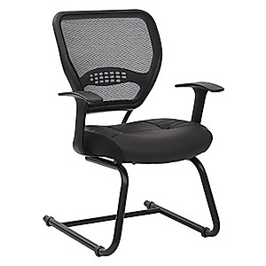 SPACE Seating Professional AirGrid Dark Back and Padded Black Eco Leather Seat, Fixed Arms and Lumbar Support Sled Base Visitors Chair