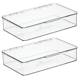 mDesign Plastic Closet Storage Organizer Box Containers with Hinged Lid for Shelves or Cabinets, Holds Necklaces, Hair Ties, Bracelets, Earrings, Wallets, Cosmetics, and Accessories - 2 Pack - Clear